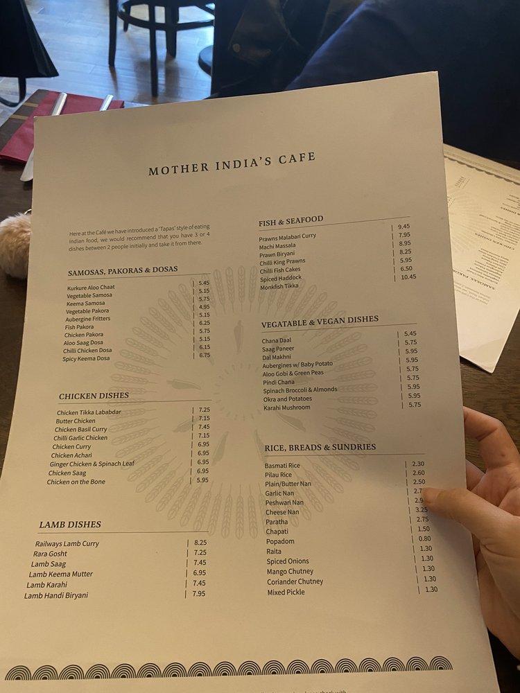 Menu at Mother India's Cafe, Edinburgh