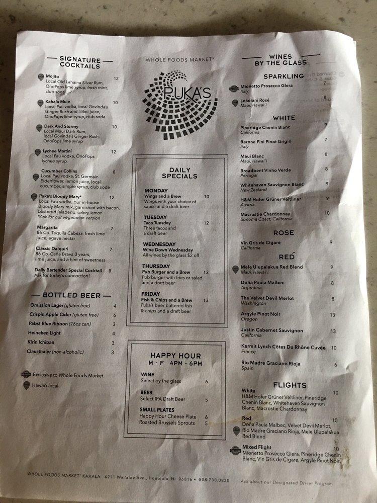 Menu at Puka's pub & bar, Honolulu