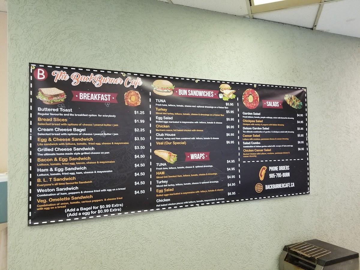 Menu at The BackBurner Café, Mississauga