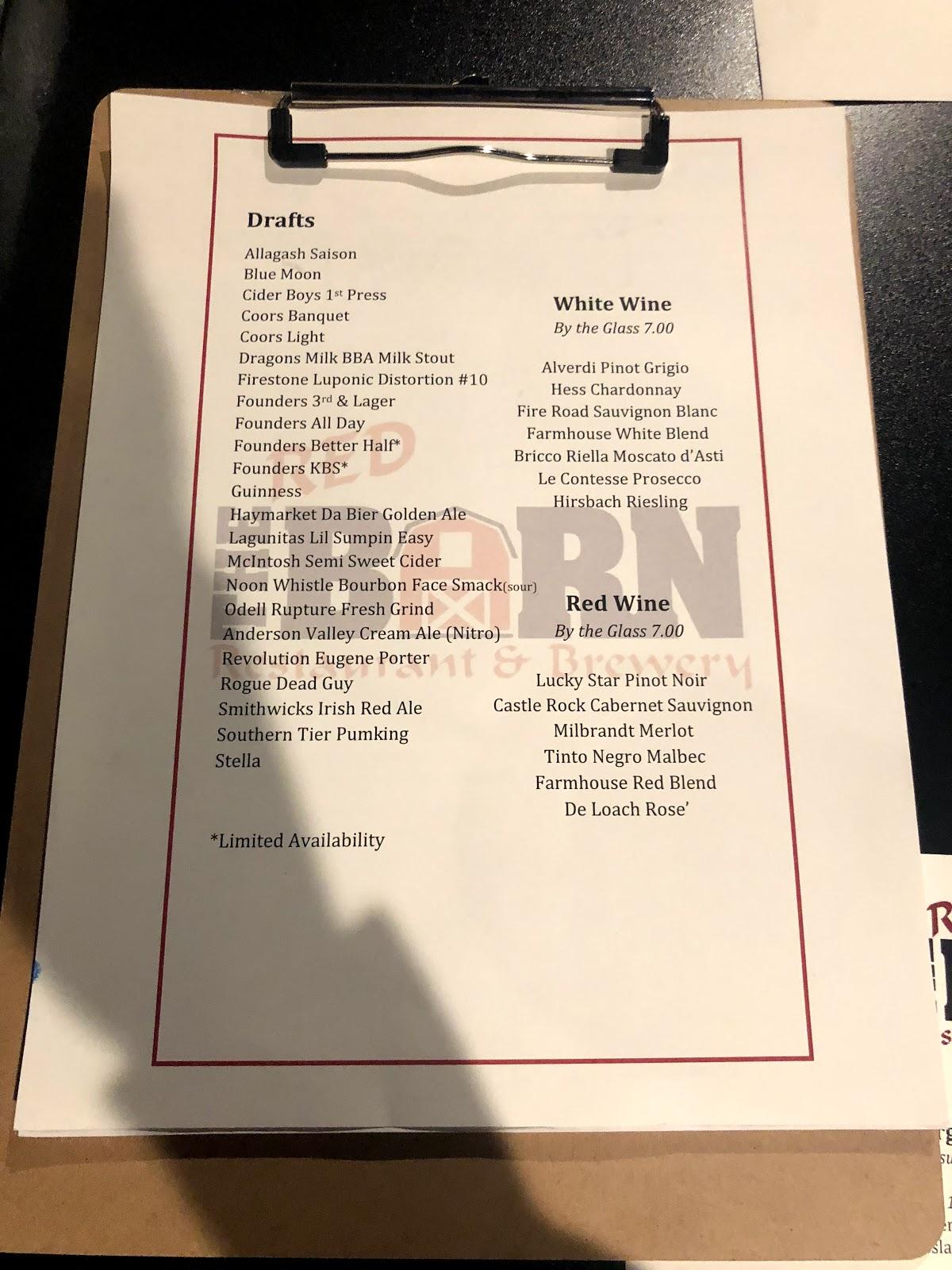 Menu at The Red Barn Restaurant and Brewery, Mount Prospect