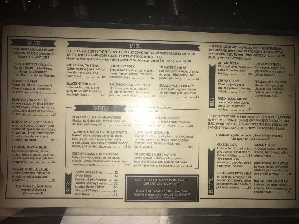 Menu at Wizards Sports Cafe, Richardson