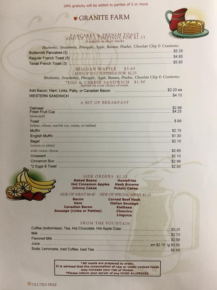 Menu at Granite Farm restaurant, Scituate