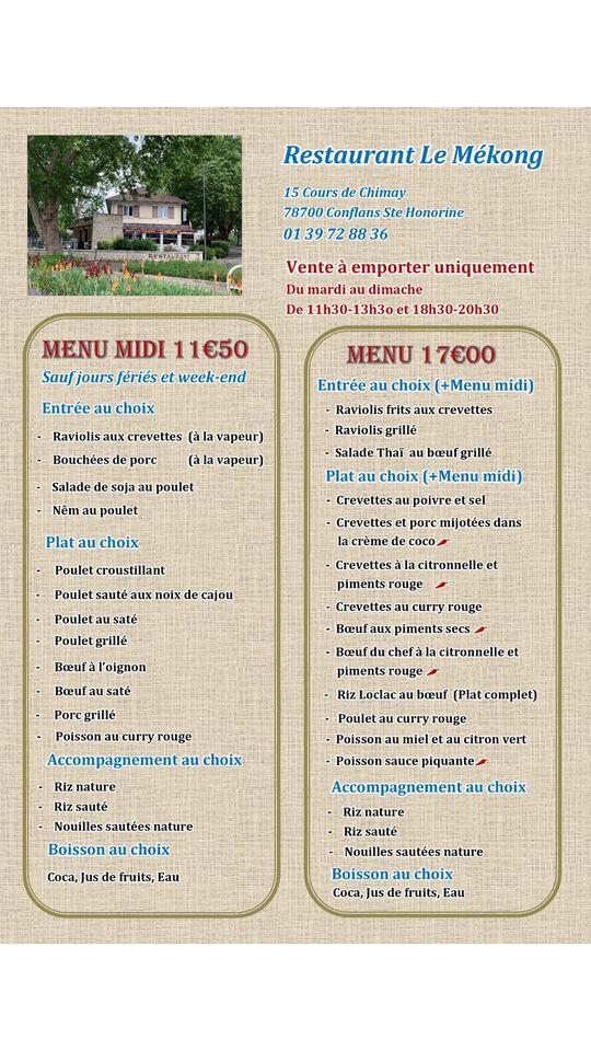 Menu au Le Mékong restaurant, Conflans-Sainte-Honorine
