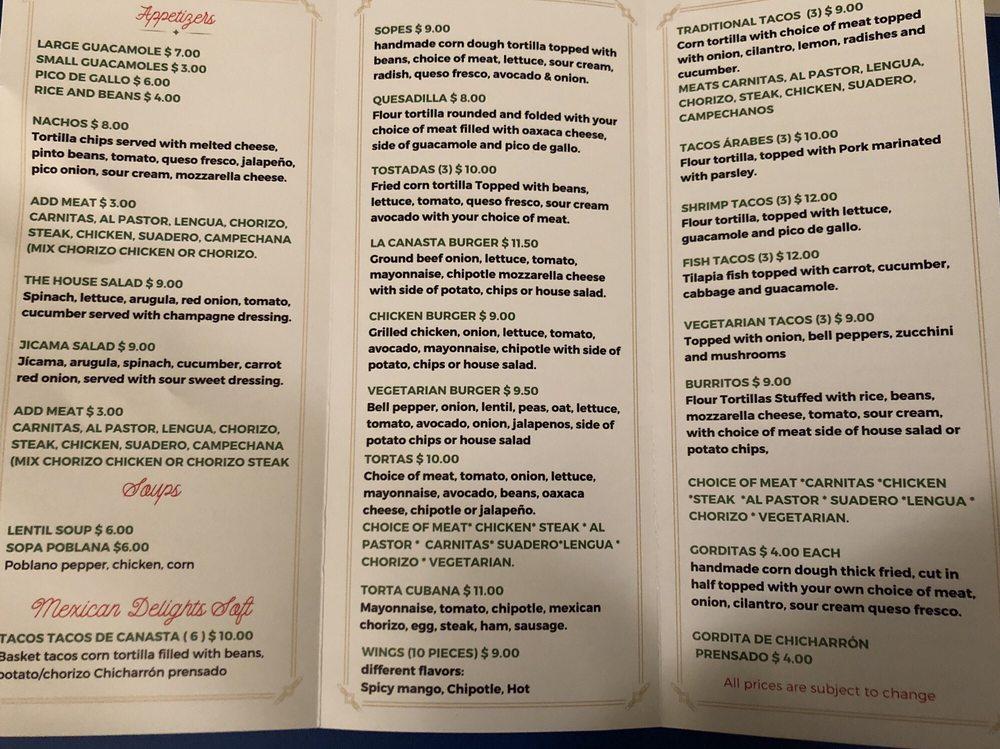 Menu at La Canasta Mexican Food restaurant, Philadelphia