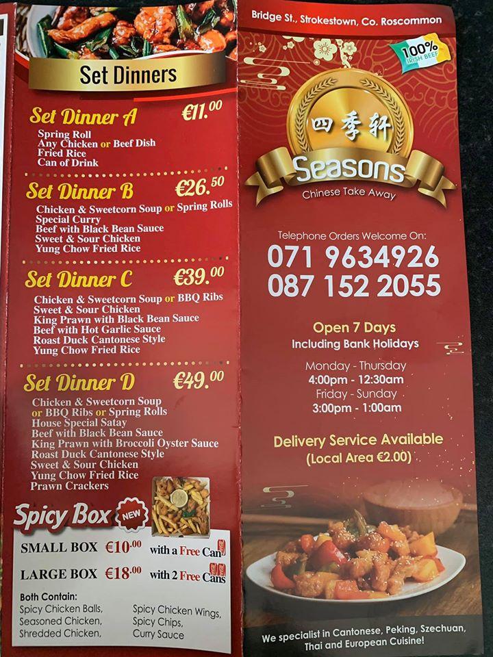 Menu at Seasons Chinese Takeaway fast food, Strokestown