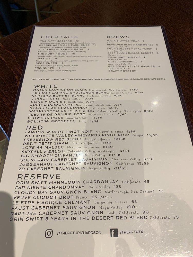 Carta de The Fifth: Fireside Patio and Bar, Richardson