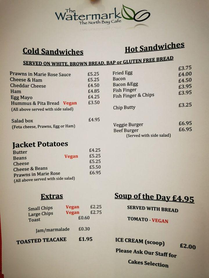 Menu at The Watermark Cafe, Scarborough