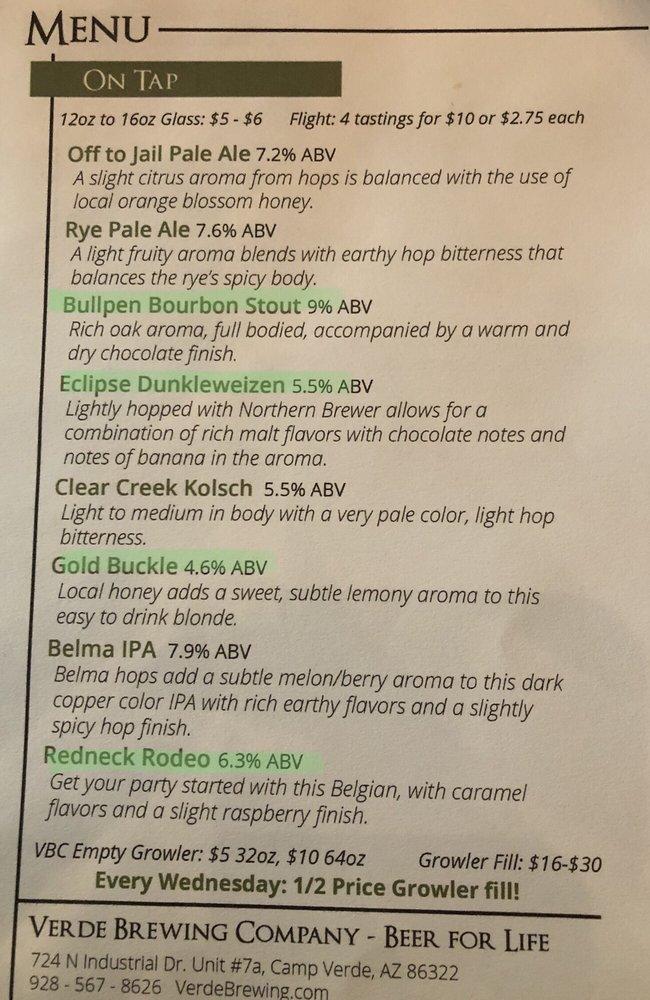 Menu at Verde Brewing Company pub & bar, Camp Verde, 724 Industrial Dr #7a
