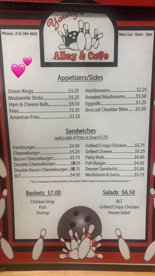 Menu at Young's Cafe, Twin Valley