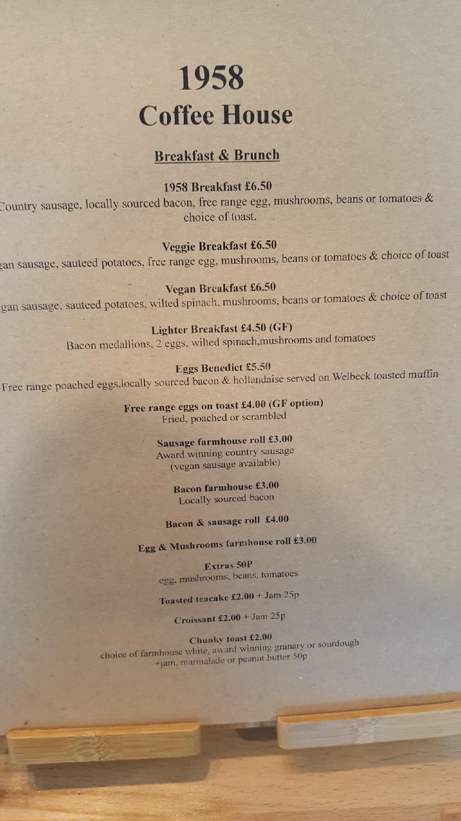 Menu at 1958 coffee house, Nottingham