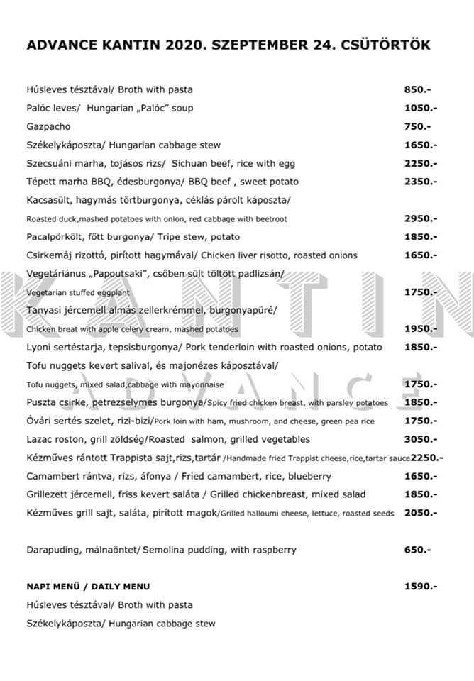 Menu at Advance Kantin restaurant, Budapest