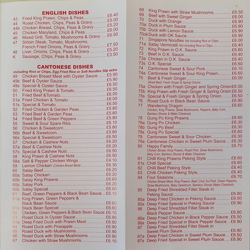 Menu at Hung Fong fast food, Selby