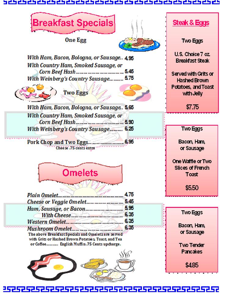 Menu at Chris's Diner restaurant, Florence