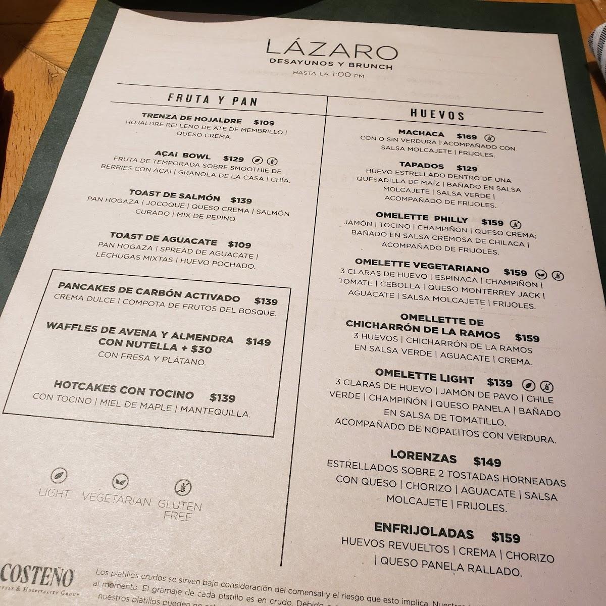 Carta del restaurante Lázaro y Diego, San Pedro Garza García