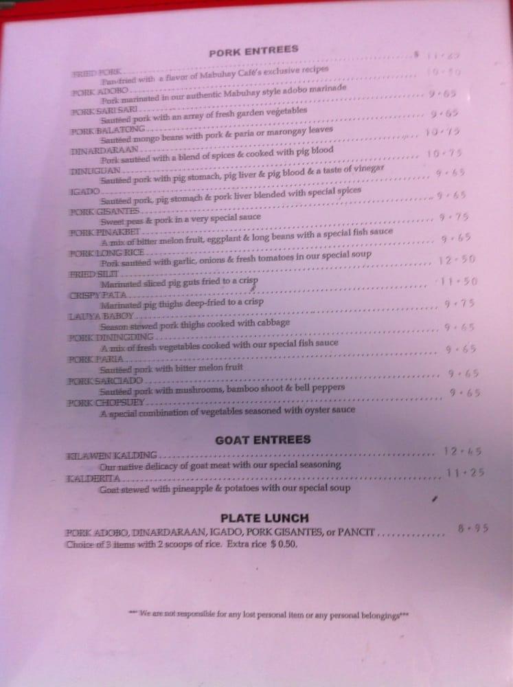 Menu at Mabuhay Cafe & Restaurant, Honolulu