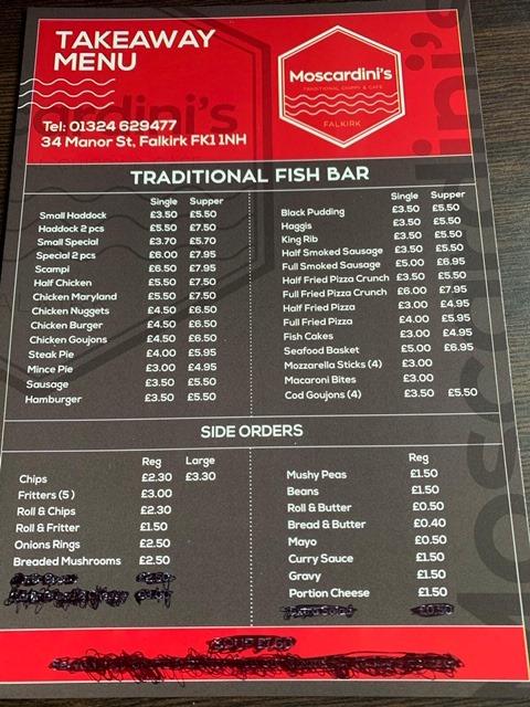 Menu at Moscardini's fast food, Falkirk