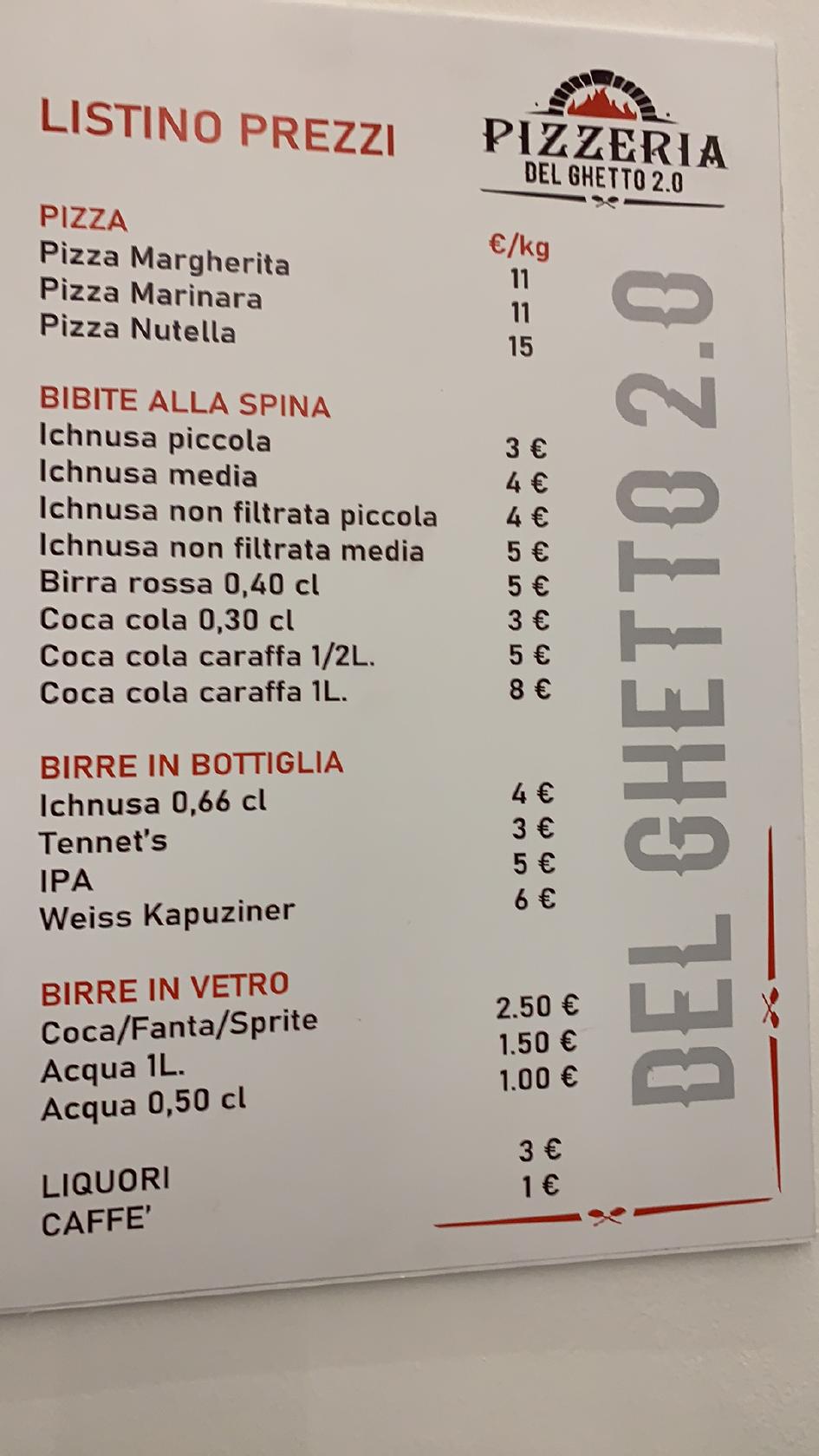 Carta de Pizzeria Del Ghetto 2.0, Viterbo
