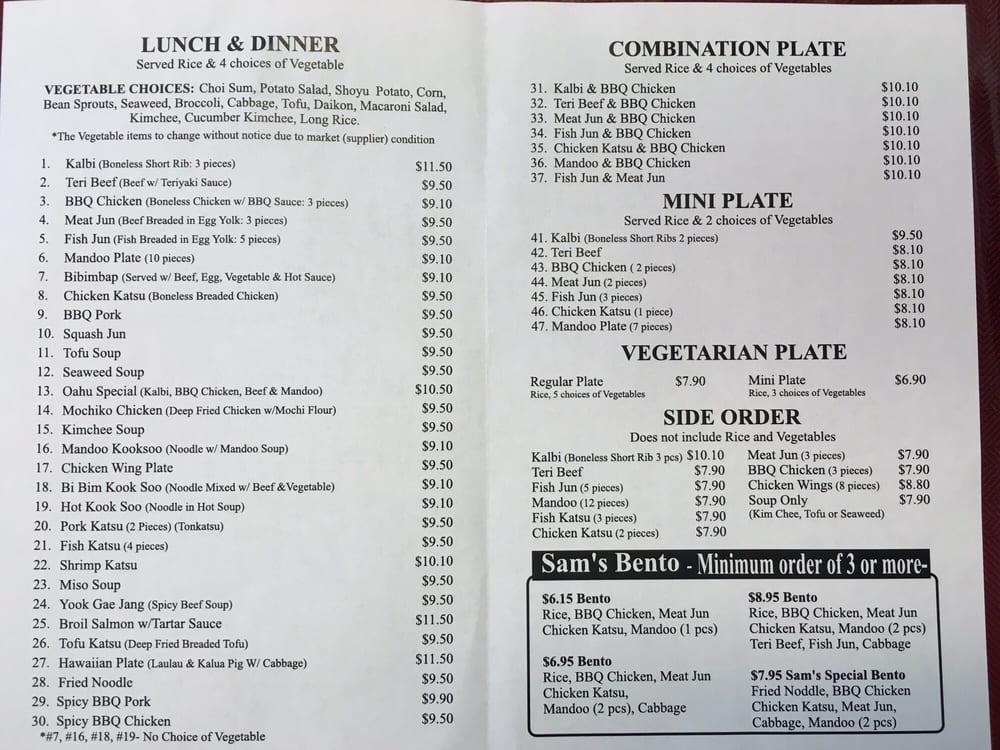 Menu at Sam's Delicatessen restaurant, Honolulu