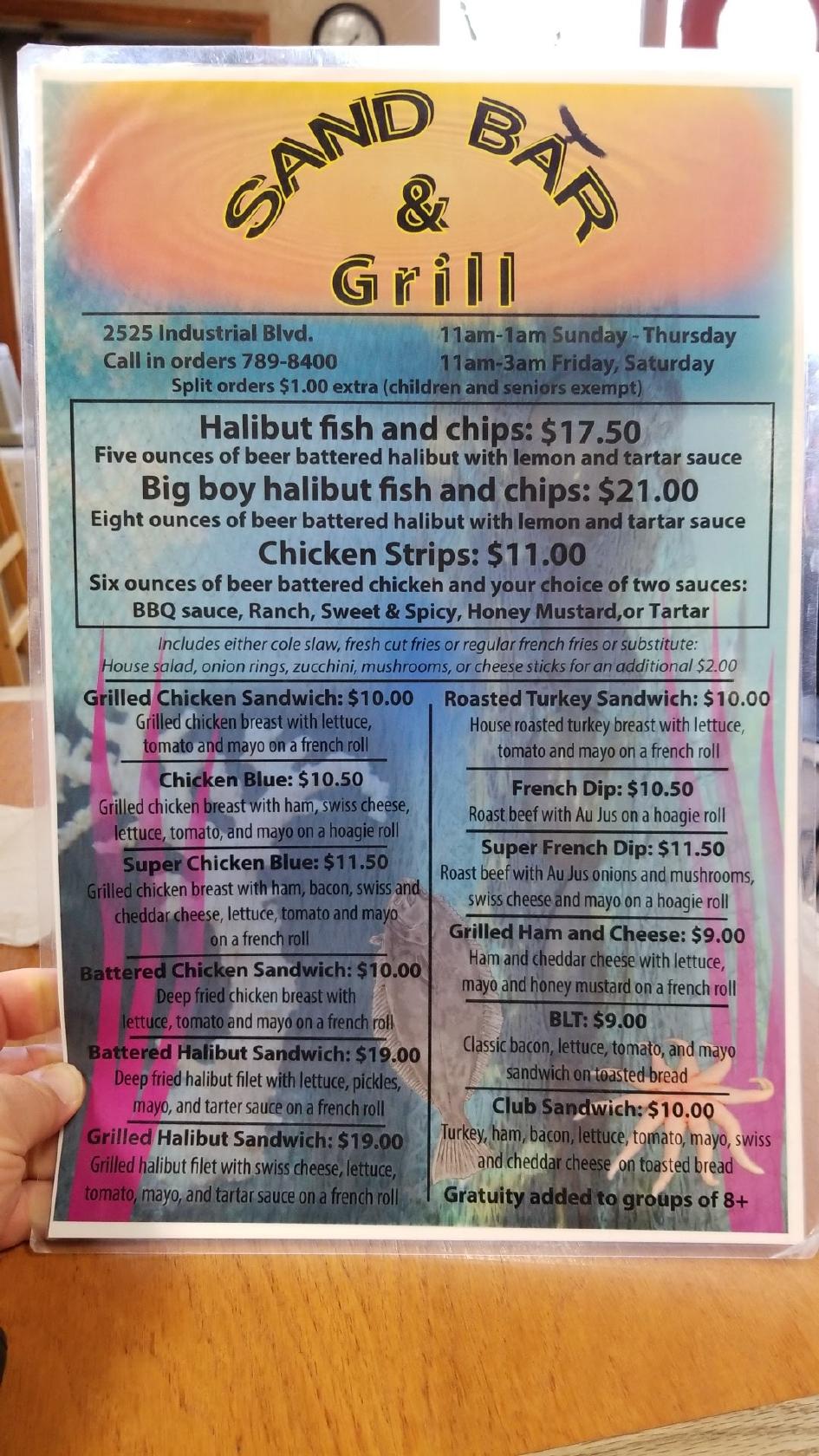 Menu at Sandbar & Grill, Juneau