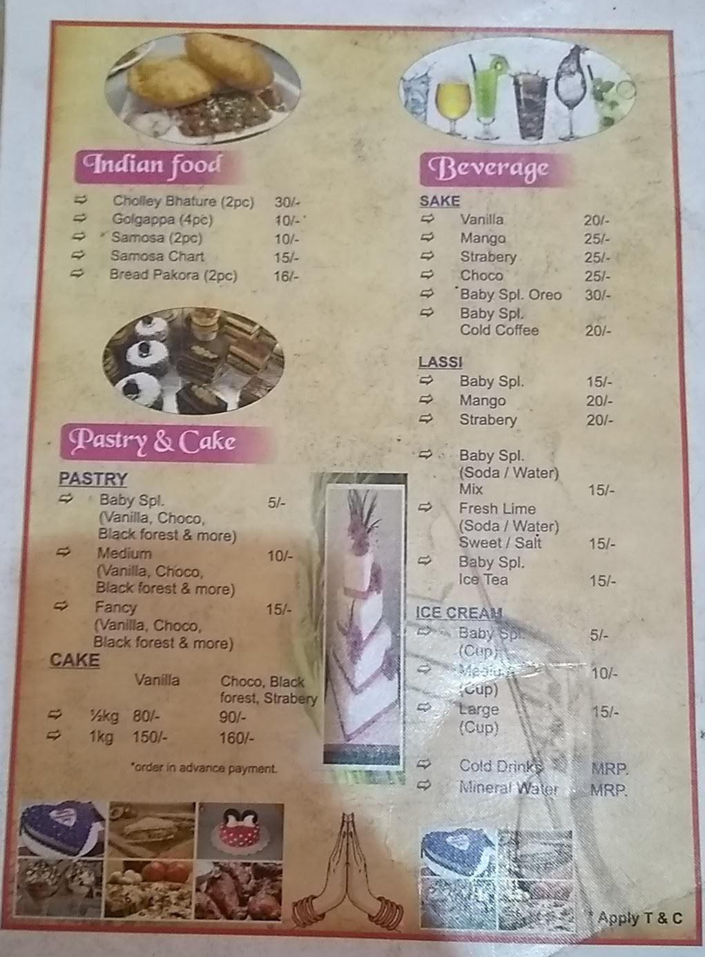 Menu at Baby Cafe, Baliapur