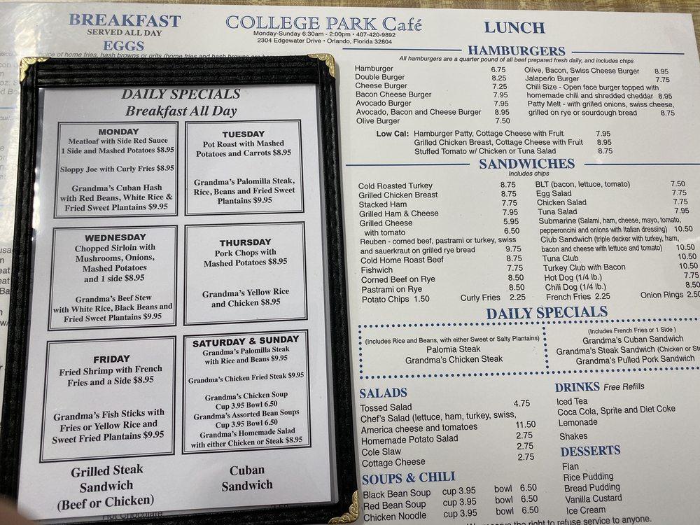 Menu at College Park Cafe, Orlando