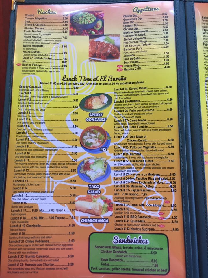Menu at El Sureño restaurant, Tryon