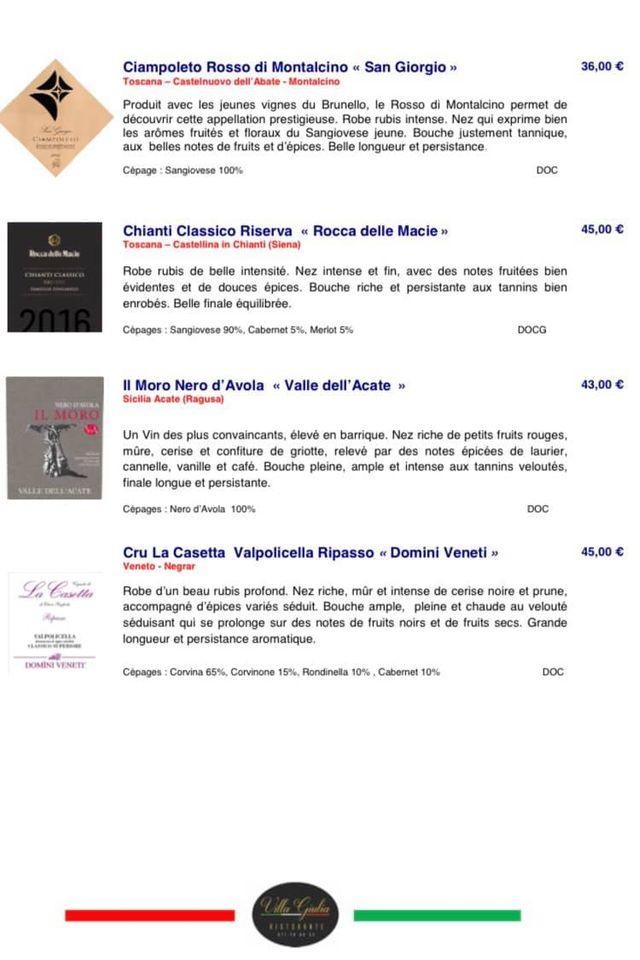 Menu au Restaurant Villa Giulia, Fleurus