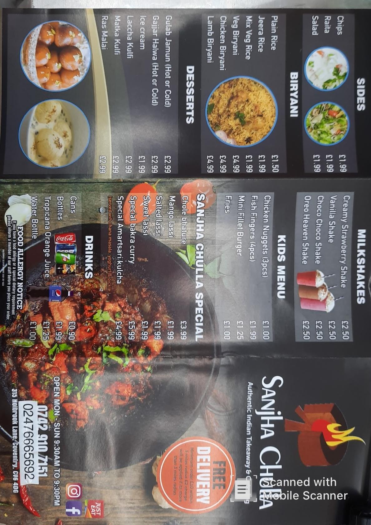 Menu at Sanjha chulla, Coventry