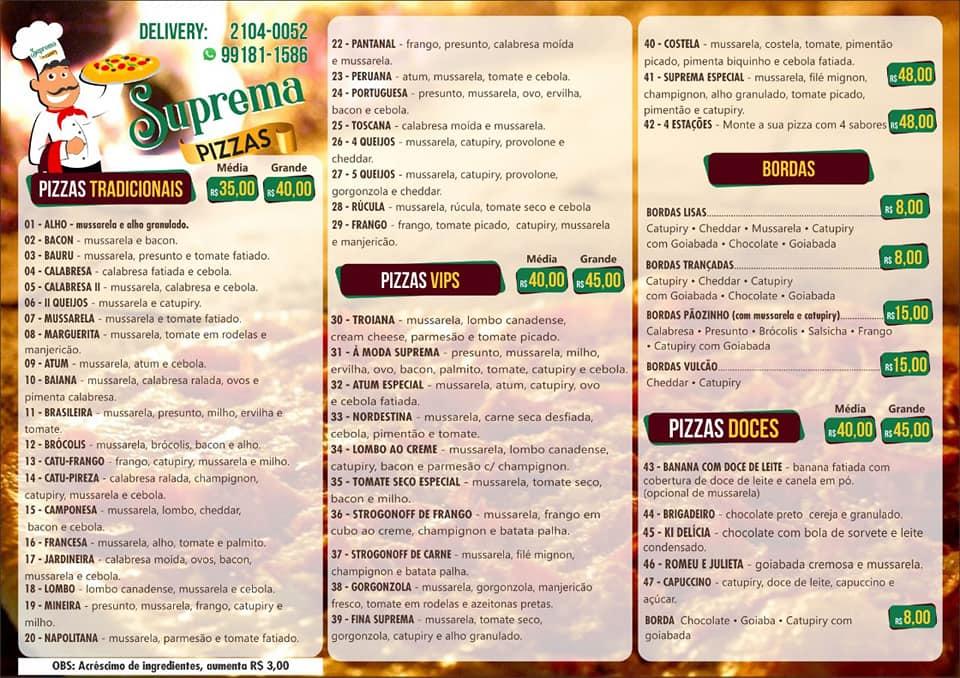 Menu at Suprema Pizzas restaurant, Três Lagoas