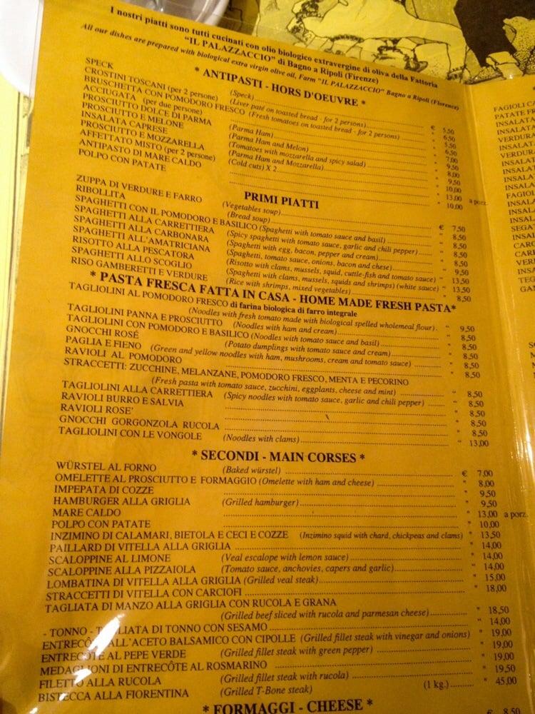 Menu da Yellow Bar, Firenze