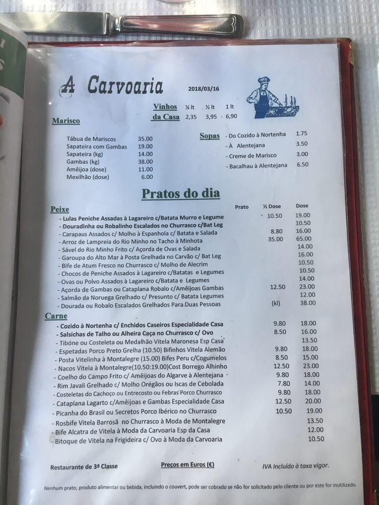 Menu at A Carvoaria steakhouse, Lisbon, R. Basílio Teles 4