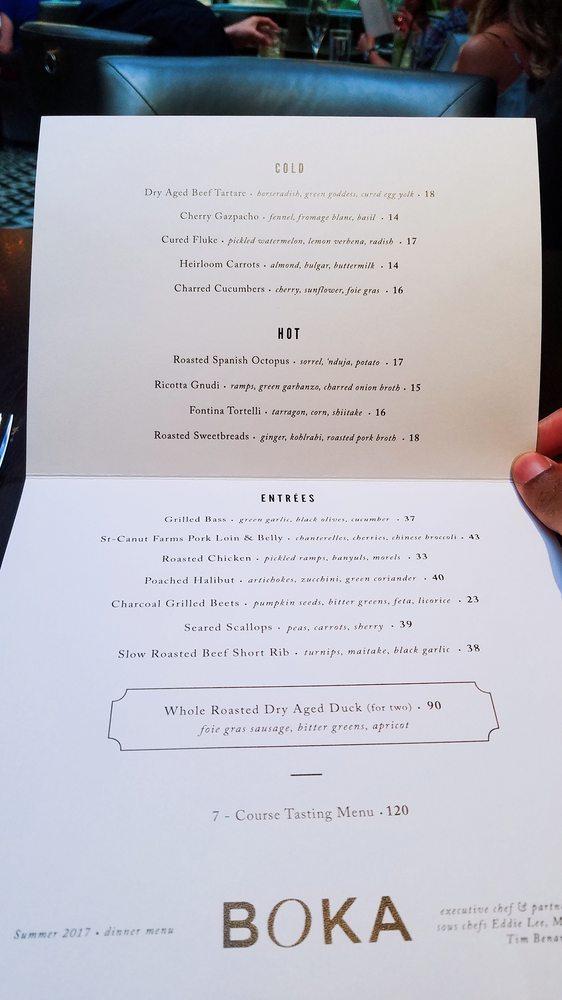 Menu at Boka restaurant, Chicago