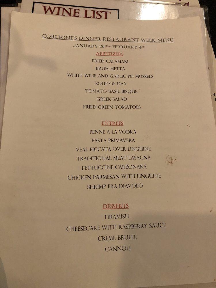 Menu at Corleone's restaurant, Savannah