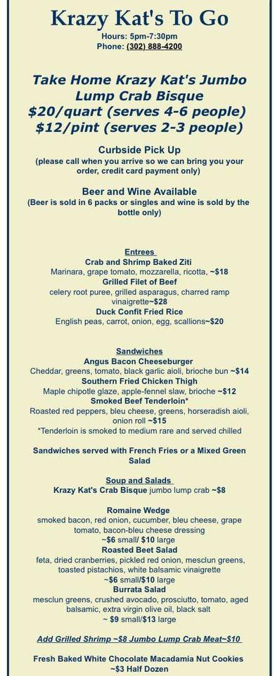 Menu at Krazy Kat's restaurant, Wilmington