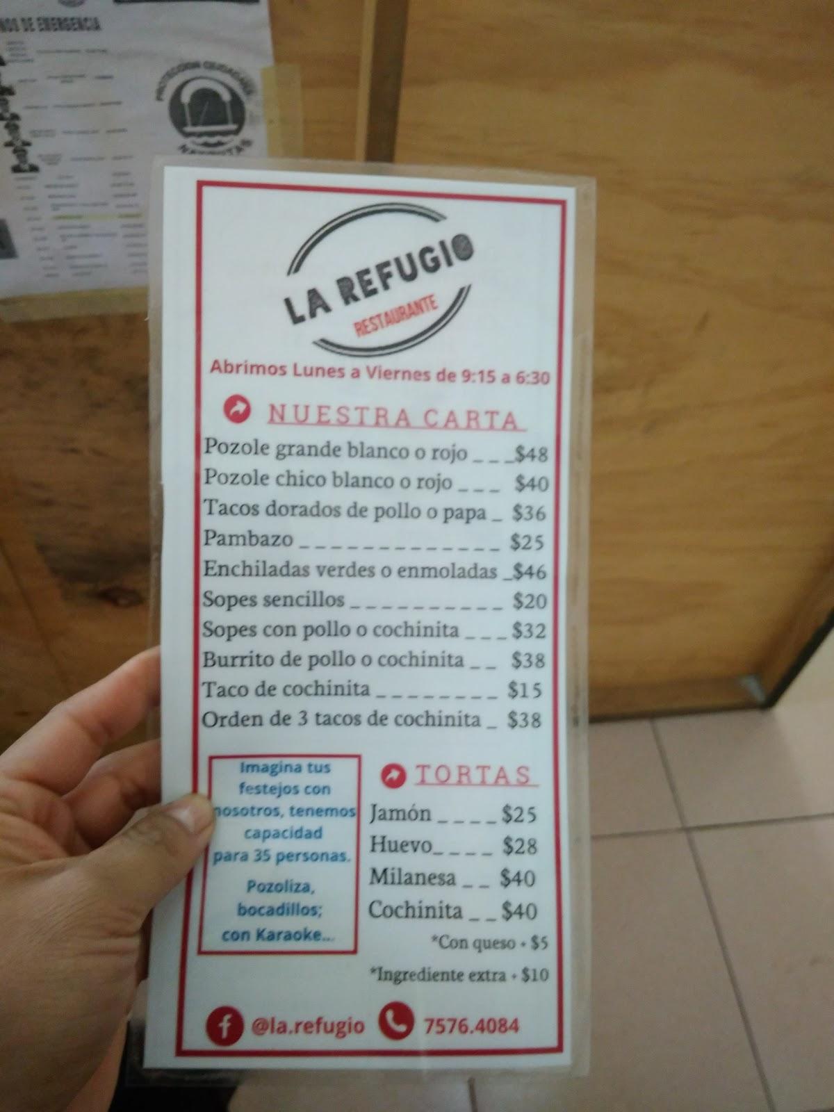 Menu at La Refugio restaurant, Mexico City