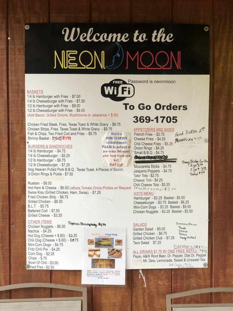 Menu at Neon Moon restaurant, Mountainburg