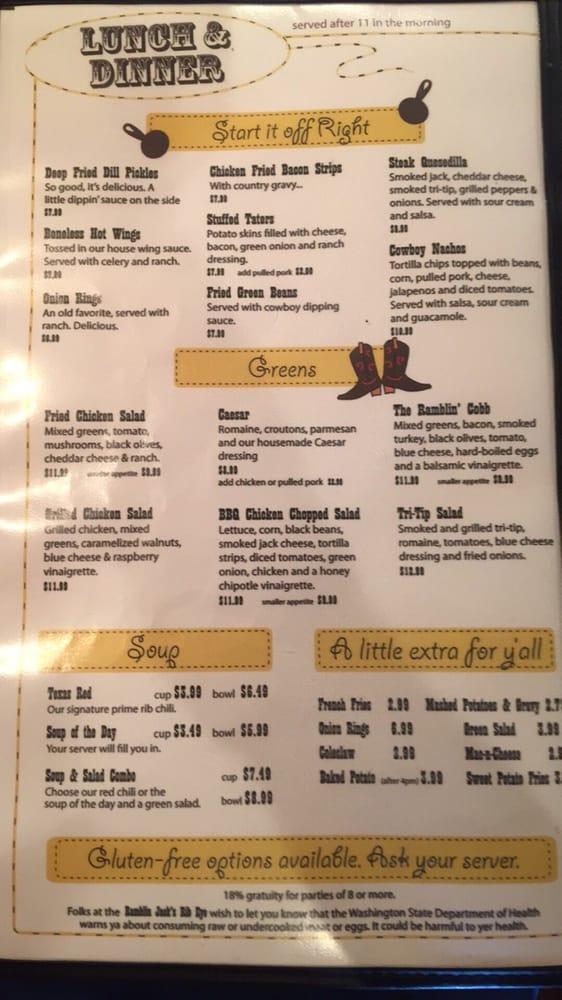 Menu at Ramblin Jacks Rib Eye steakhouse, Napavine