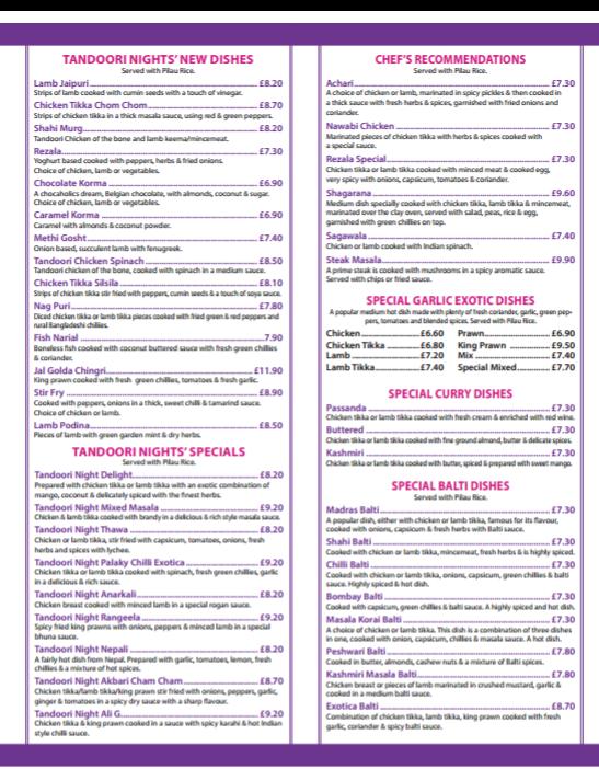 Menu at Tandoori Night Runcorn restaurant, Runcorn