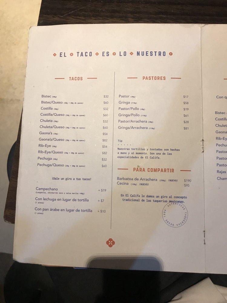 Menu at Taquería El Califa restaurant, Mexico City, Av. P.º de la ...