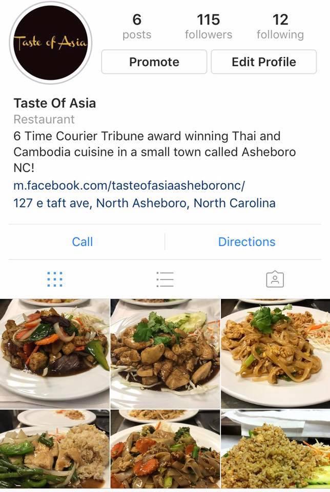 Menu at Taste of Asia restaurant, Asheboro