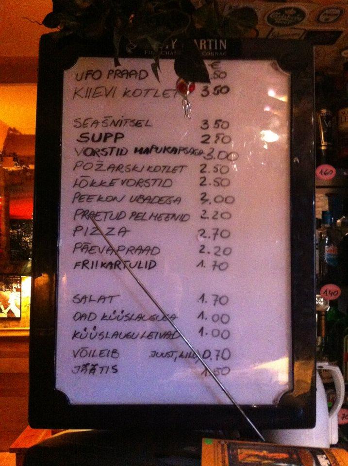 Menu at Ufo Pubi, Tallinn