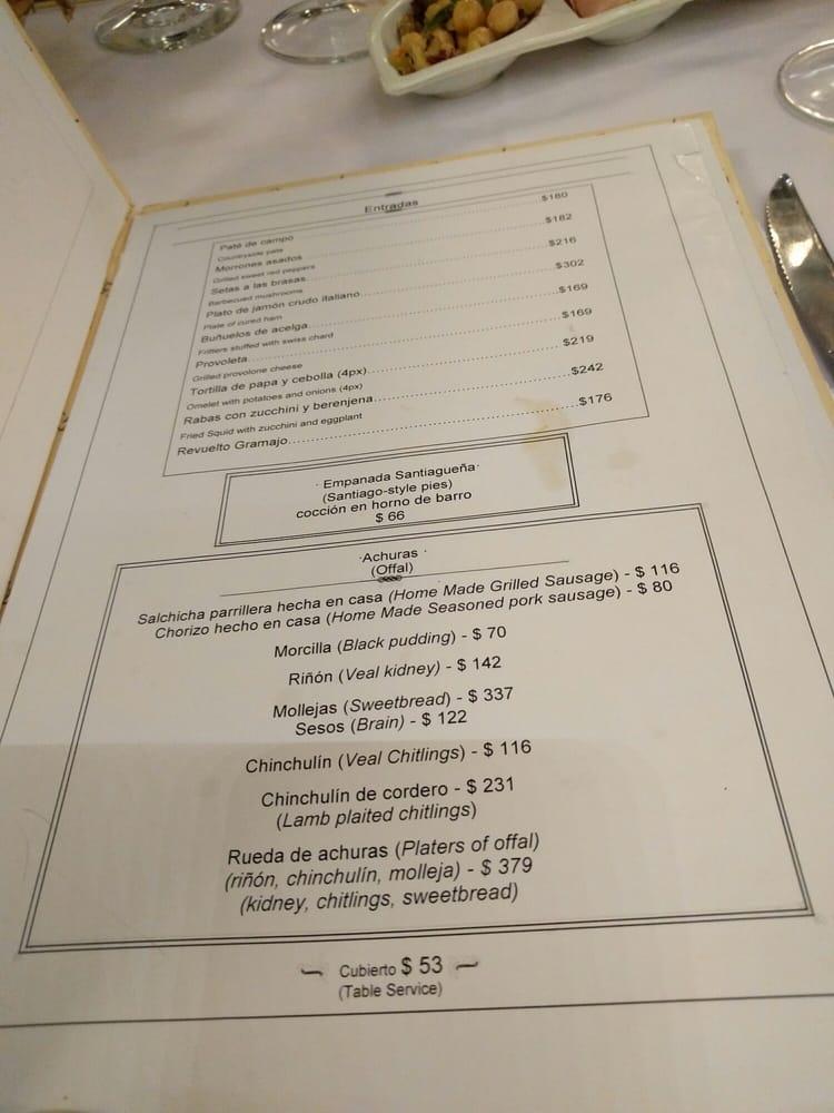 Menu at Fervor steakhouse, Buenos Aires