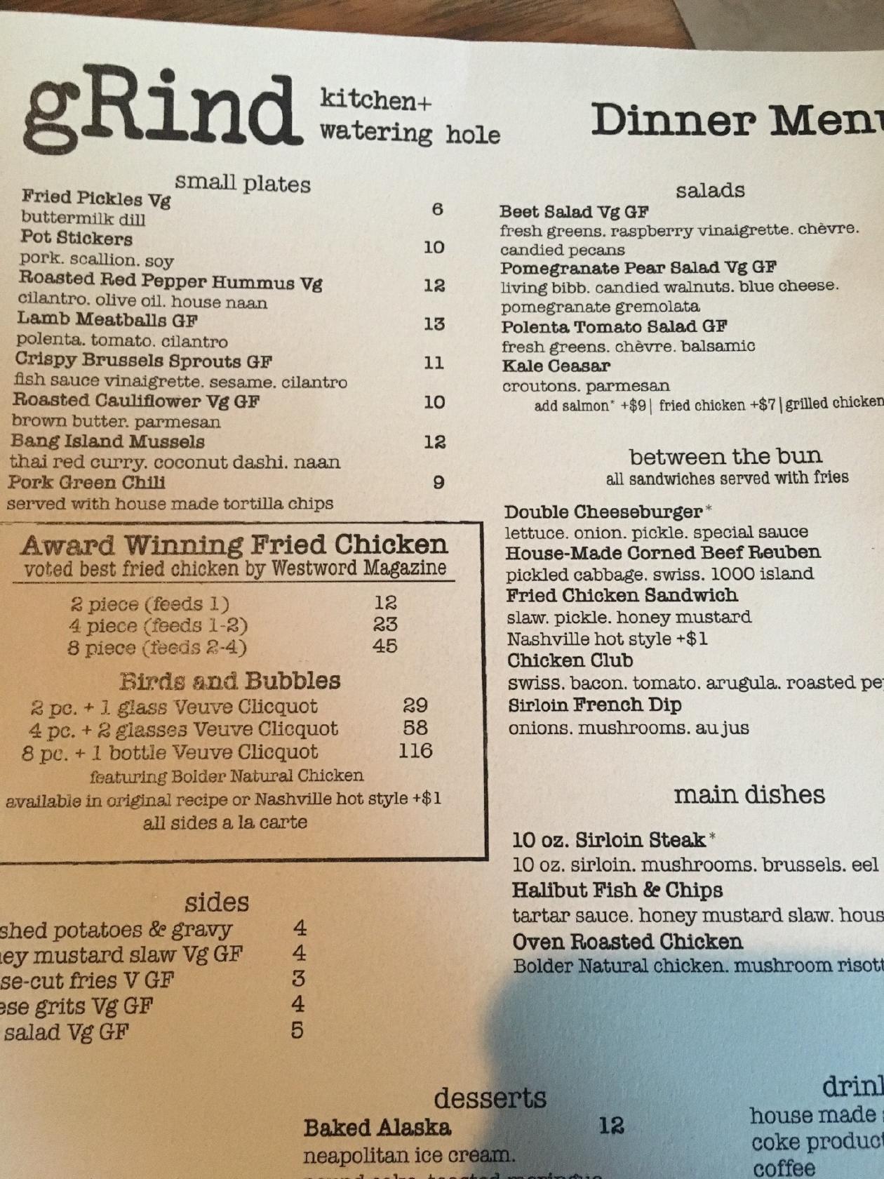 Menu at grind kitchen + watering hole desserts, Denver