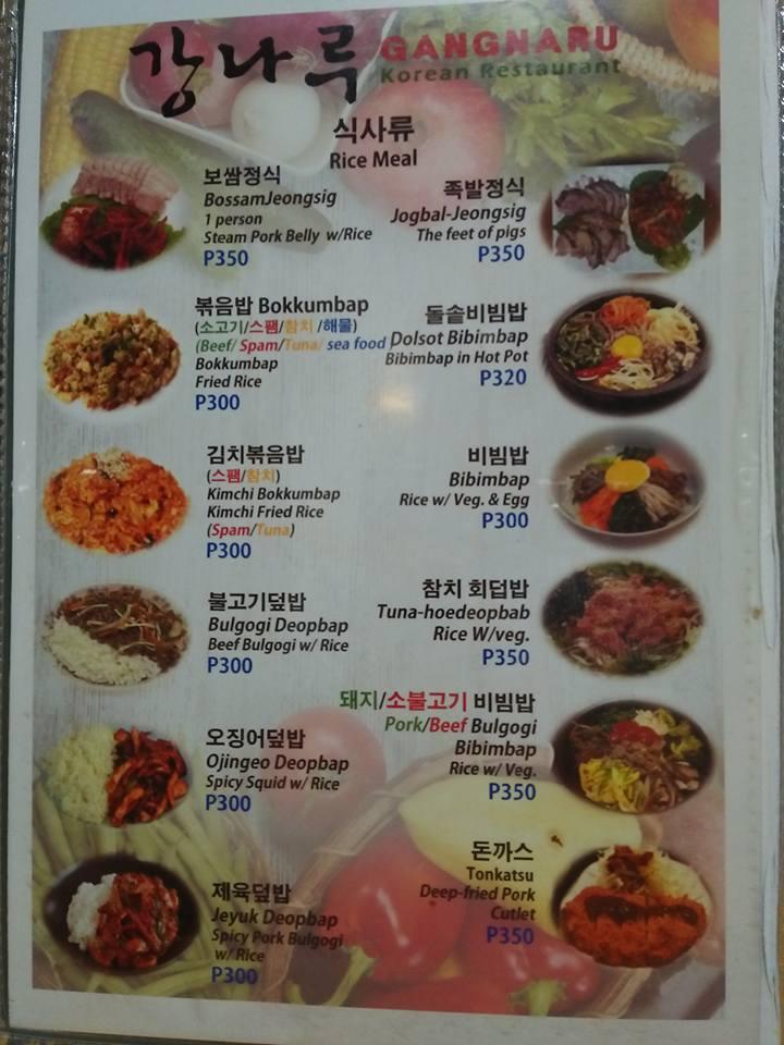 Menu at Gangnaru Authentic Korean restaurant, Calamba