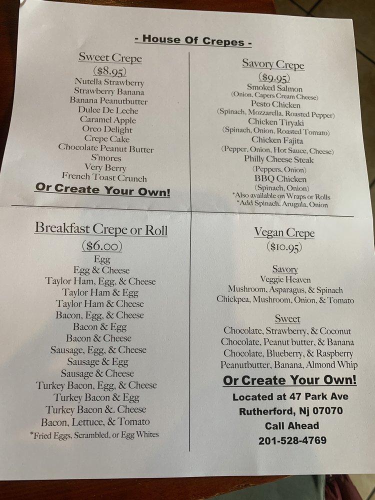 Menu at House of Crepes, Rutherford