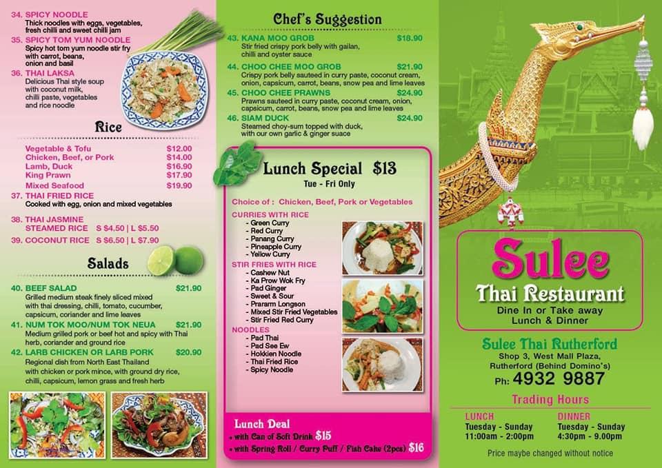 Menu at Sulee Thai restaurant, Rutherford