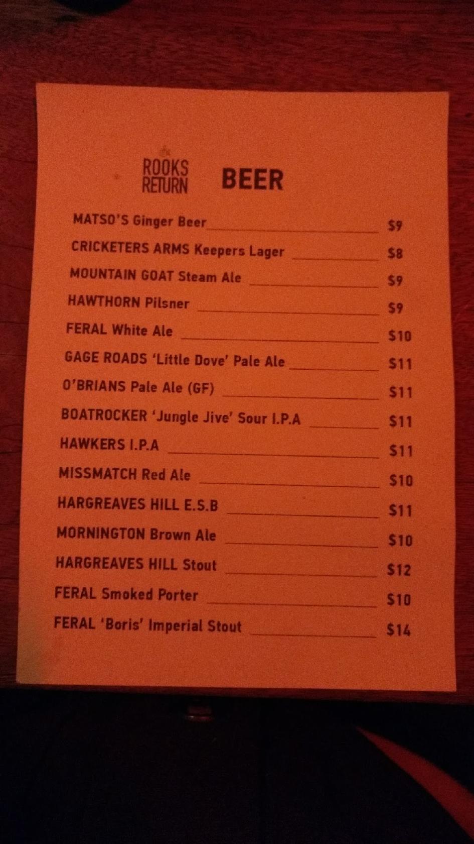 Menu at The Rooks Return restaurant, Fitzroy