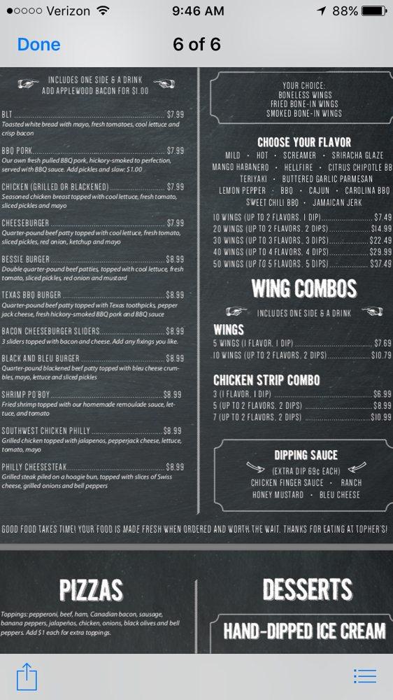 Menu at Topher's Wings BBQ, Rainsville