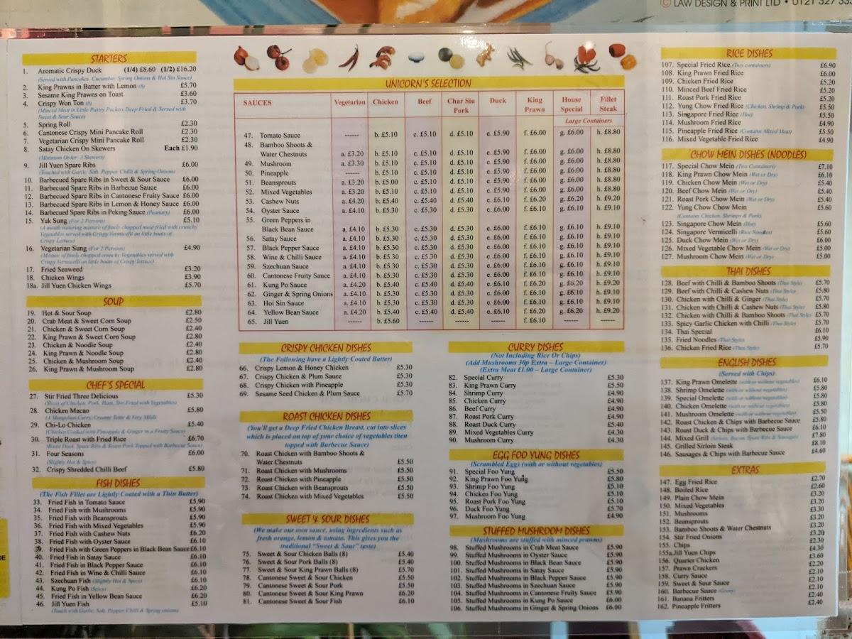 Menu at Unicorn Chinese fast food, Atherstone