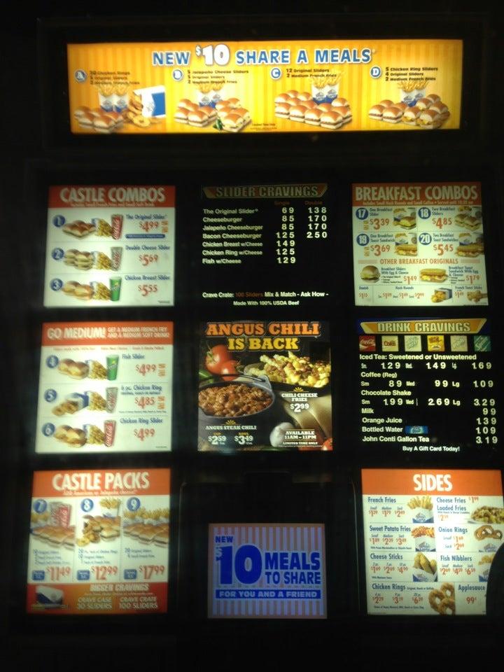 Menu at White Castle fast food, Nashville, Broadway